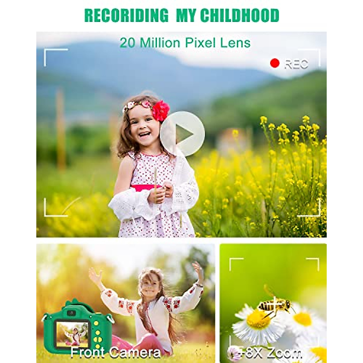 Kids Camera for Boys Girls Toddlers Childrens 3-8 Years Old Christmas Birthday Gifts Toys Selfie Digital Dual Camera with 32GB Card