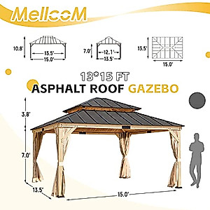 MELLCOM 13' x 15' Asphalt Hardtop Gazebo, Spruce Wood Double Roof Gazebo with Curtains and Meshes, Canopy Gazebo with Waterproof Coated Wood Frame for Patios, Gardens, Lawns, and Backyards