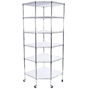 MAXMYE 6-Tier Floor Corner Pipe Shelf, Chrome Plated Polygonal Corner Metal Shelf, 68 x 68 x 180cm Pentagon Rack Bookshelf Wire Shelving with 2" PP Wheels Silver for Kitchenware Storage Book Display