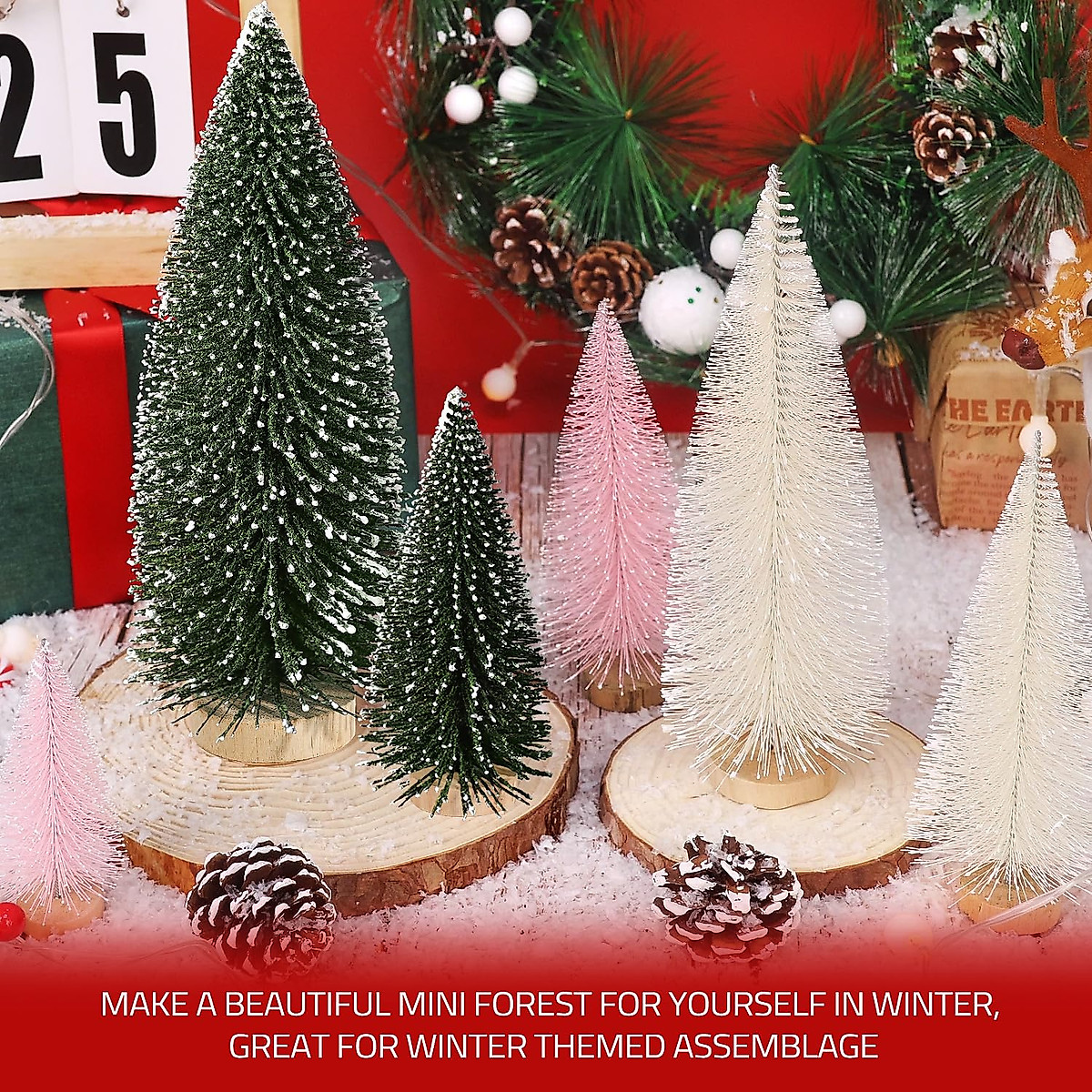 6pcs Mini Christmas Trees Christmas Decor, Artificial Christmas Mini Bottle Brush Trees Tabletop, Christmas Decoration Trees with 4 Size Xmas Holiday Decor (6pcs Green+Pink+Beige)