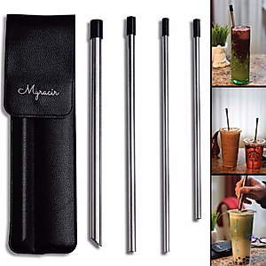 Myracir Reusable Stainless Steel Drinking Straws w/Elegant Vegan Leather Travel case | 4 straws + 4 Silicone Tips + 2 cleaning brushes | 1 wide boba straw w/pointed end | 2 long straws | 1 short straw