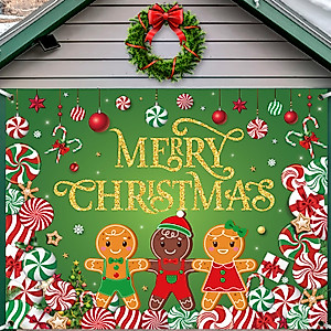 Christmas Candy Garage Door Decoration Merry Christmas Garage Door Banner Cover Peppermint Candy Cane Gingerbread Man Garage Backdrop for Xmas Eve Holiday Outdoor Wall Decor, 7 x 9 ft