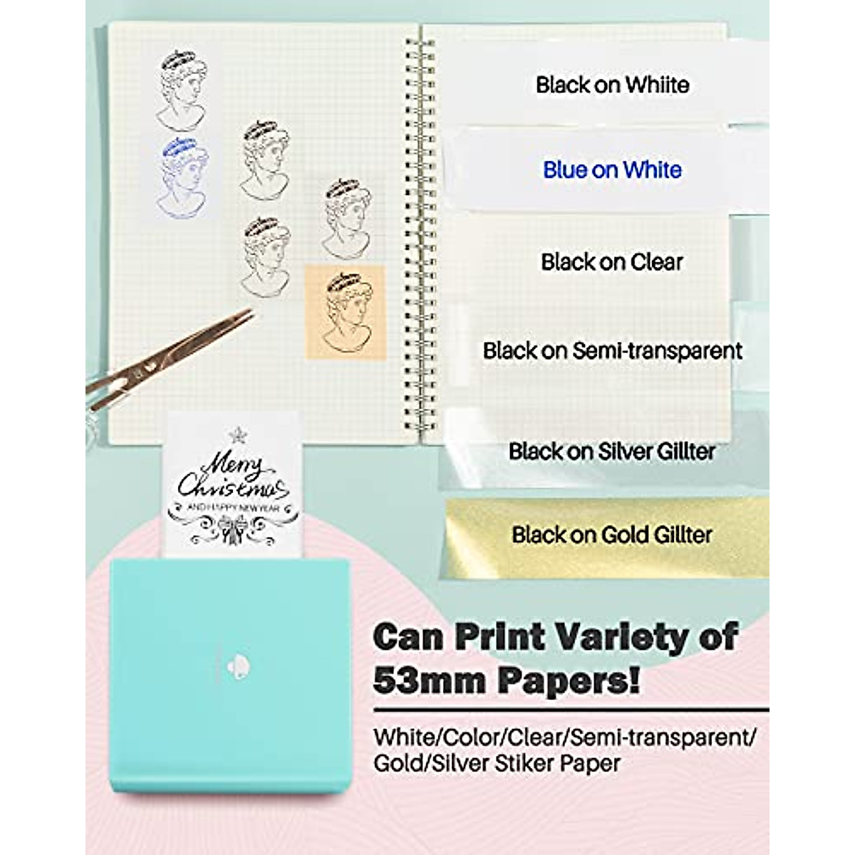 Phomemo Label Maker -M02 Pocket Printer Thermal Bluetooth Sticker Maker with 3 Rolls Paper, for DIY Creation, Study Notes, Memo, List, Work Plan, Gift, Cyan