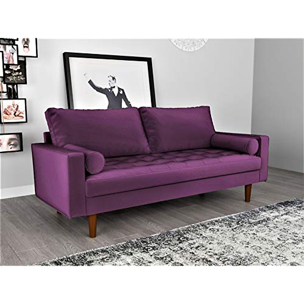 Container Furniture Direct Womble Modern Velvet Upholstered Living Room Diamond Tufted Chesterfield Sofa with Gleaming Nailheads, Purple