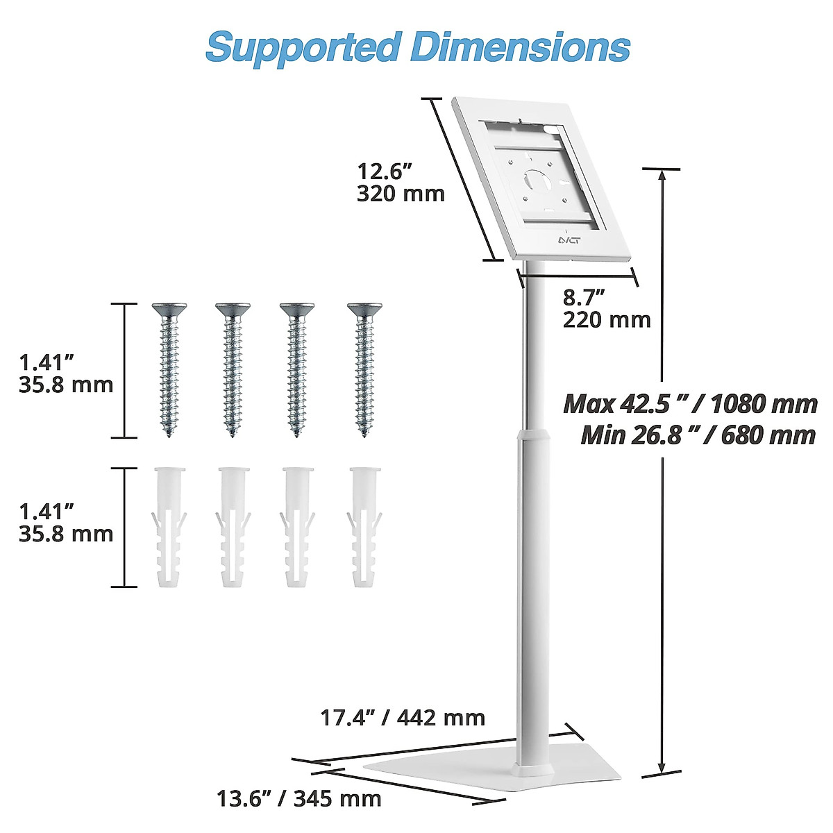 AVLT Height Adjustable Anti-Theft 10.5” Tablet Kiosk Floor Display Stand Compatible with iPad 9.7", 10.2", Pro 10.5", Air 10.5" (Gen 3), Samsung Galaxy Tab A 10.1" (2019) - White