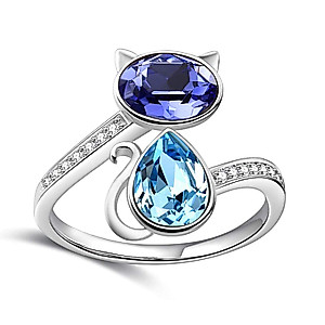 AOBOCO Sterling Silver Cat Ring, Blue Purple Crystals from Austria, Cute Pet Kitten Kitty Adjustable Open Ring, Cat Gifts for Cat Lovers, Anniversary Birthday Cat Jewelry Gifts for Women