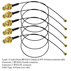 IPX to RP-SMA Female Extension Cable 0.81mm U.fl MHF4 to RP SMA Female Wifi Antenna Cable for Wireless Network Bluetooth Mini PCI to Reverse Polarity SMA Female Coaxial Cable 12inch (30cm) 5 Pack