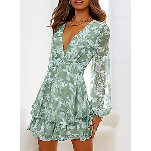 Dokotoo Womens Ladies Casual Summer Birthday Spring Ruffle Elegant Floral Long Sleeve Tie Knot V Neck Cute Chiffon Boho Beach Tunic Swing A Line Mini Short Skater Dresses for Women 2023 Green Large