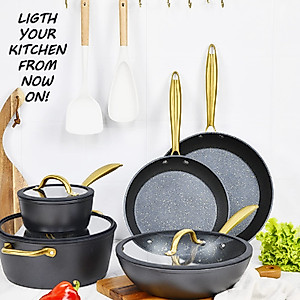 diig Non Stick Frying Pans Set, 9.5 & 11 Inch Granite Coating Fry Pan Skillet Sets for Cooking, 2 PCS Stainless Steel Handle Chef’s Pan, Stove Top Induction, Oven Dishwasher Safe 24cm, 28cm, Black