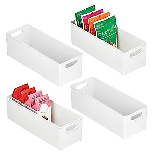 mDesign Plastic Stackable Kitchen Organizer - Storage Bin with Handles for Refrigerator, Freezer, Cabinet, and Pantry Shelves Organization - Food Container - Ligne Collection - 4 Pack - White