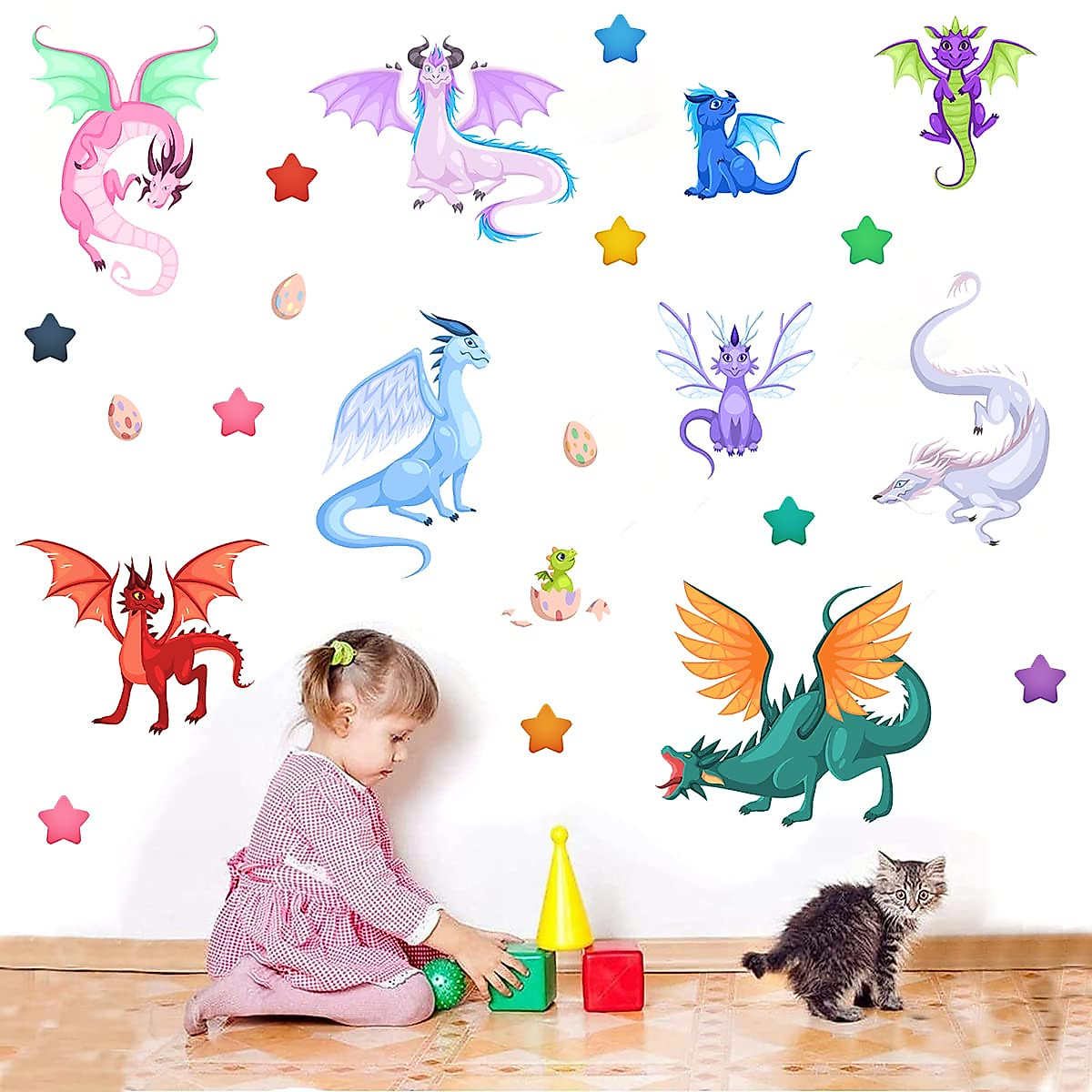 MEFOSS Creative Fairy Dragon Wall Decals Cartoon Large Wings Dragons Eggs Stars Wall Stickers Easy to Peel and Stick Wall Stickers Art Paper for Playroom Nursery Classroom Kids Bedroom Wall Decor