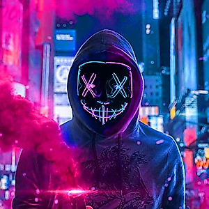 Halloween Purge Mask Light Up Scary Mask EL Wire LED Mask for Festival Party Gifts (Blue-Pink)