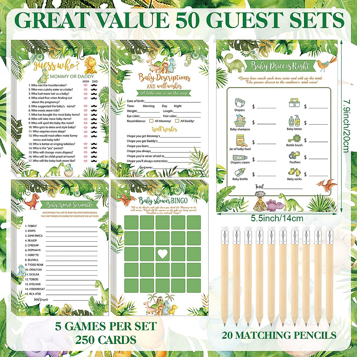 Patelai 321 Pcs Baby Shower Games Supplies, 5 Sets (50 Cards Each) Activities Cards with 20 Pencils 1 Don't Say Baby Sign 50 Clothespin(Dinosaur)