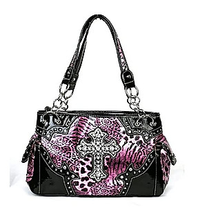 western rhinestone cross leopard concealed carry handbag with matching wallets in 3 colors (Purple)