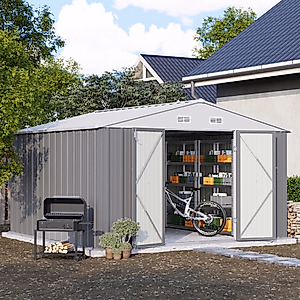 Patiowell 10' x 10' Metal Storage Shed for Outdoor, Steel Yard Shed with Design of Lockable Doors, Utility and Tool Storage for Garden, Backyard, Patio, Outside use, Grey