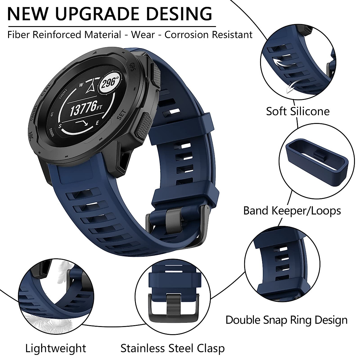 OVERSTEP for Garmin Instinct Band, Soft Silicone Replacement Watch Strap Compatible with Garmin Instinct 2, Solar, Tactical, Crossover - Navy Blue