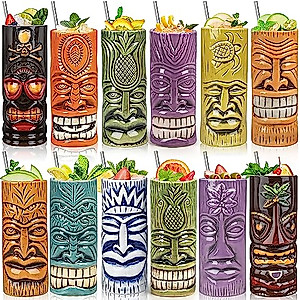 SuproBarware Tiki Mugs Set of 12 - Large Cocktail Tiki Glasses Hawaiian Party Cute Exotic Cocktail Glasses Hawaiian Ceramic Mug