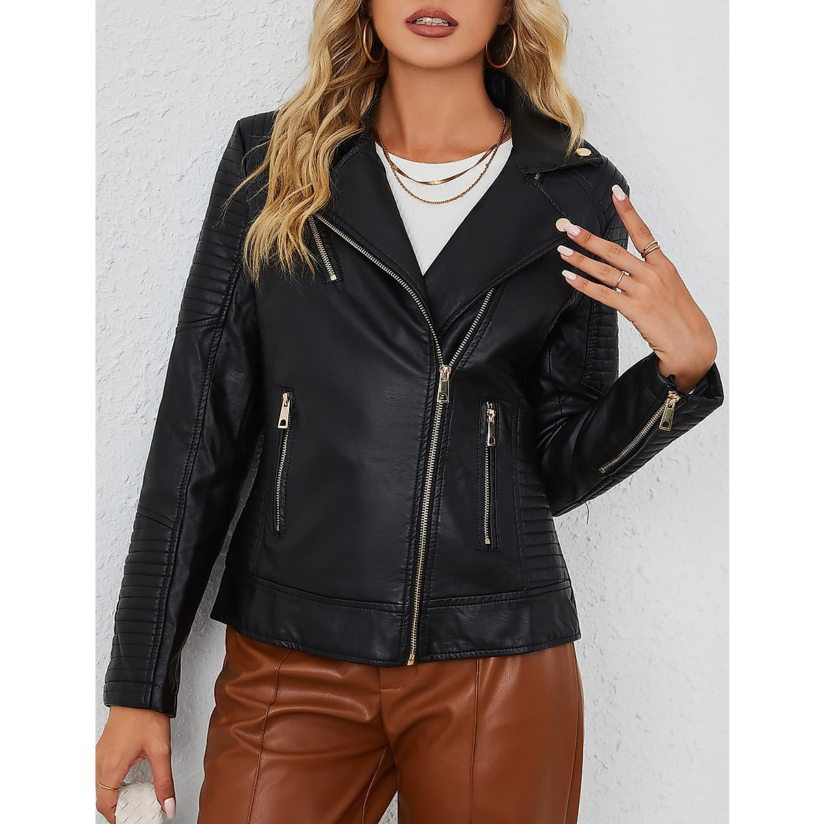 Bellivera Women's Faux Leather Jacket Motorcycle Standard Outerwear 53 Black L