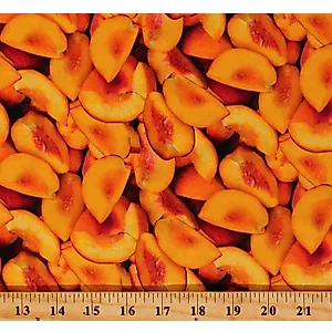 Cotton Peaches Sliced Fruit Food Summer Allover Cotton Fabric Print by The Yard (D569.68)