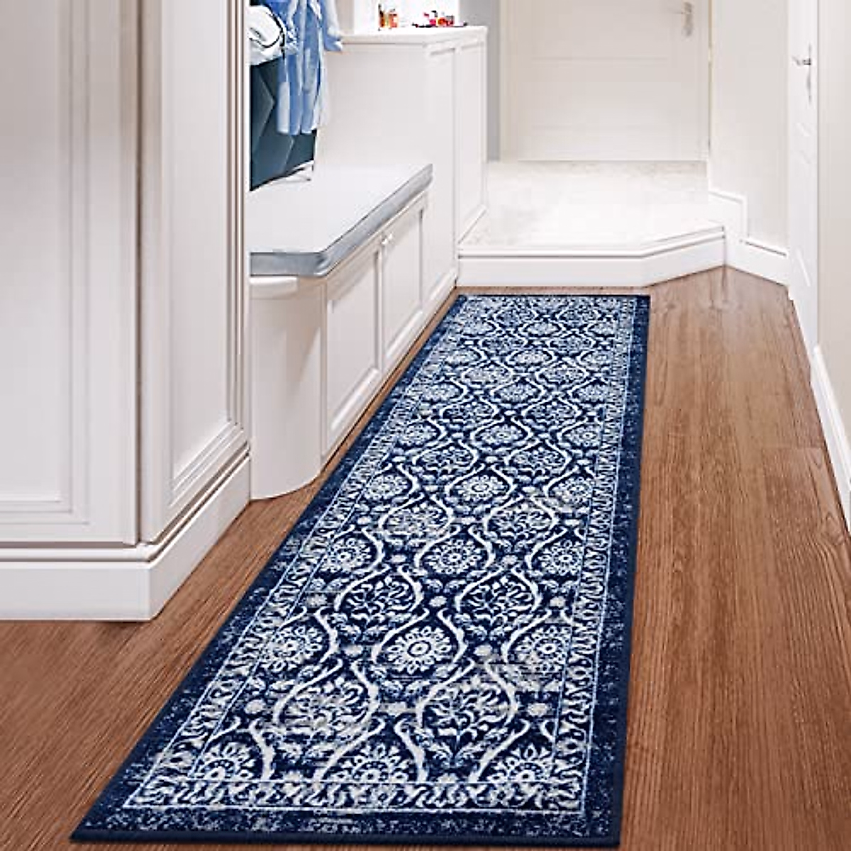 Antep Rugs Alfombras Non-Skid (Non-Slip) 2x7 Rubber Backing Floral Geometric Low Profile Pile Indoor Area Runner Rugs (Navy Blue, 2' x 7')