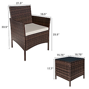 Greesum 3 Pieces Patio Dining PE Rattan Wicker Chair Furniture Set with Cushion and Glass Coffee Table for Outdoor Garden Backyard Poolside, Brown and Beige