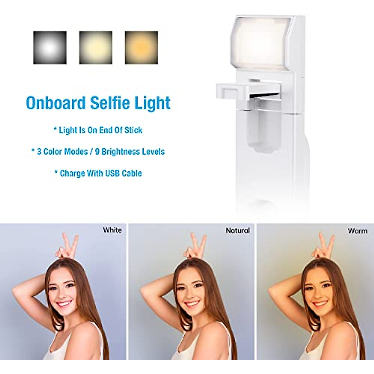 Fugetek 40'' Quadrapod Lighted Selfie Stick Stand, Lightweight 7oz, Wireless Bluetooth Remote, Patented Ultra Stable 4 Legs, 3 Onboard Light Modes, Compatible with iPhone & Android (White)