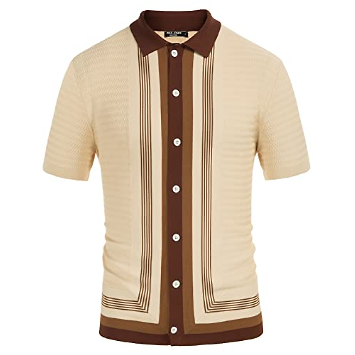 Mens Short Sleeve Vintage Stripe Knit Polo Shirts 60s Retro Sweater Polo Beige M