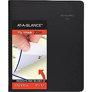 AT-A-GLANCE 2024 Weekly & Monthly Planner, QuickNotes, Open Scheduling, Monthly Tabs, 8" x 10", Large, Pockets, Black (76010524)