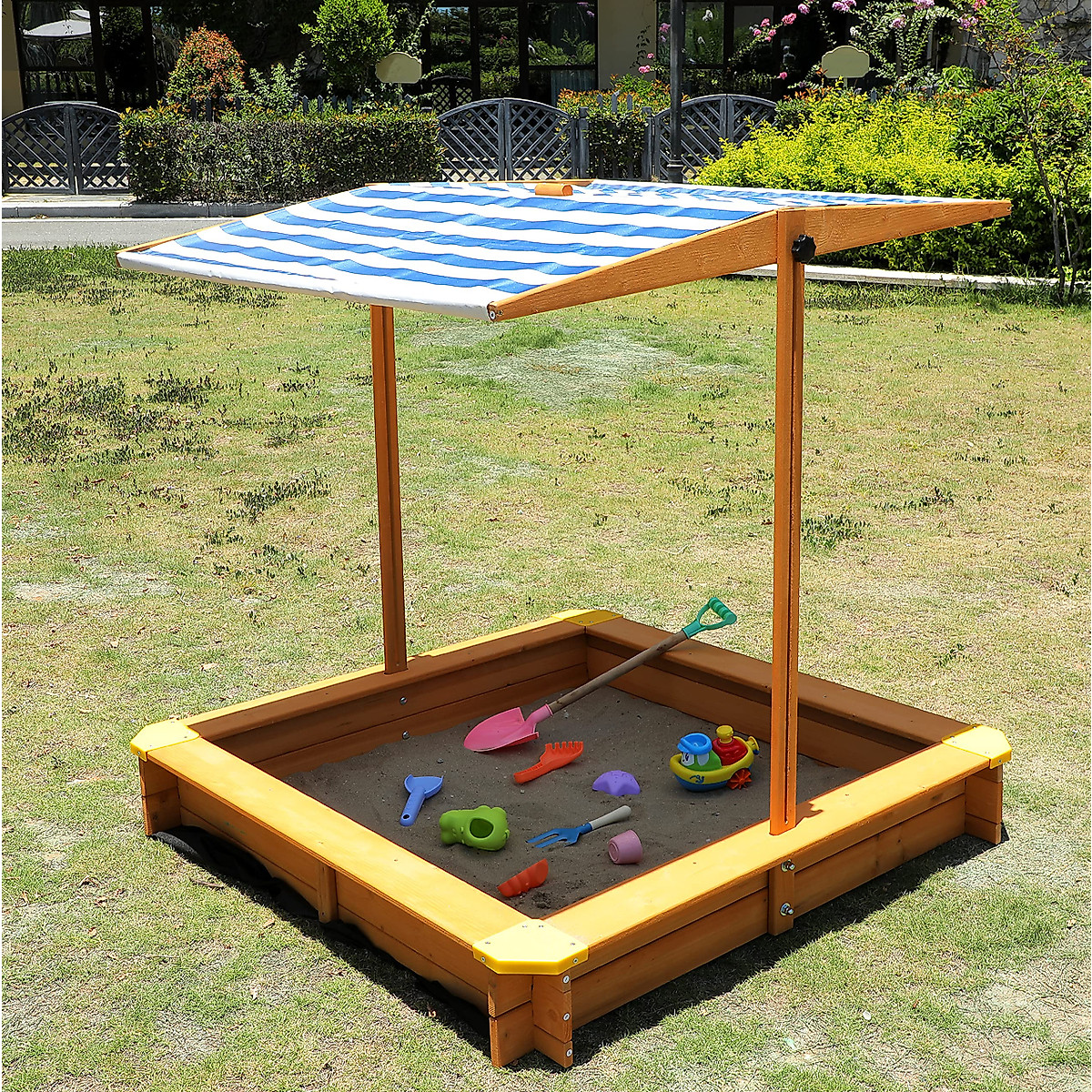 Kids Sandbox with Cover, 46.5" Wooden Sand Box w/Adjustable Canopy, Large Outdoor Cedar Sandpit for Backyard Play