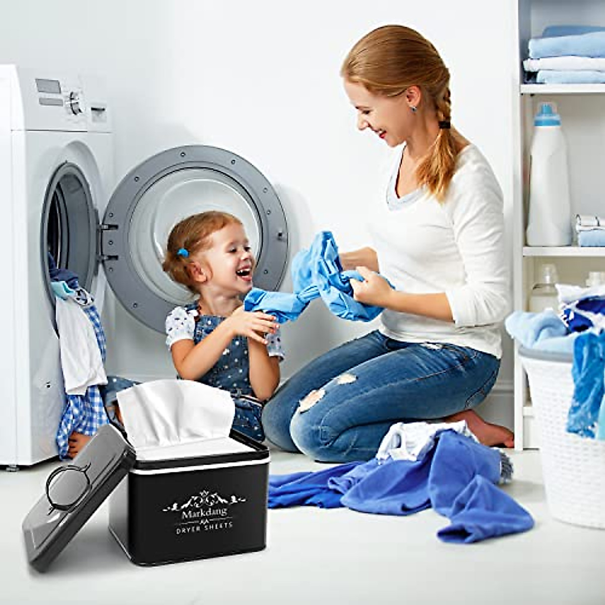 Markdang Dryer Sheet Holder Dispenser with Lid for Laundry Room Organization Modern Farmhouse Metal Magnetic Dryer Sheet Container for Laundry Room Decor and Accessories (Black)