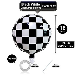 12 Pack 18 Inch Checkered Racing Balloons Helium Foil Mylar Black and White Checkered Balloons for Race Car Themed Party Birthday Festival Decorations Supplies