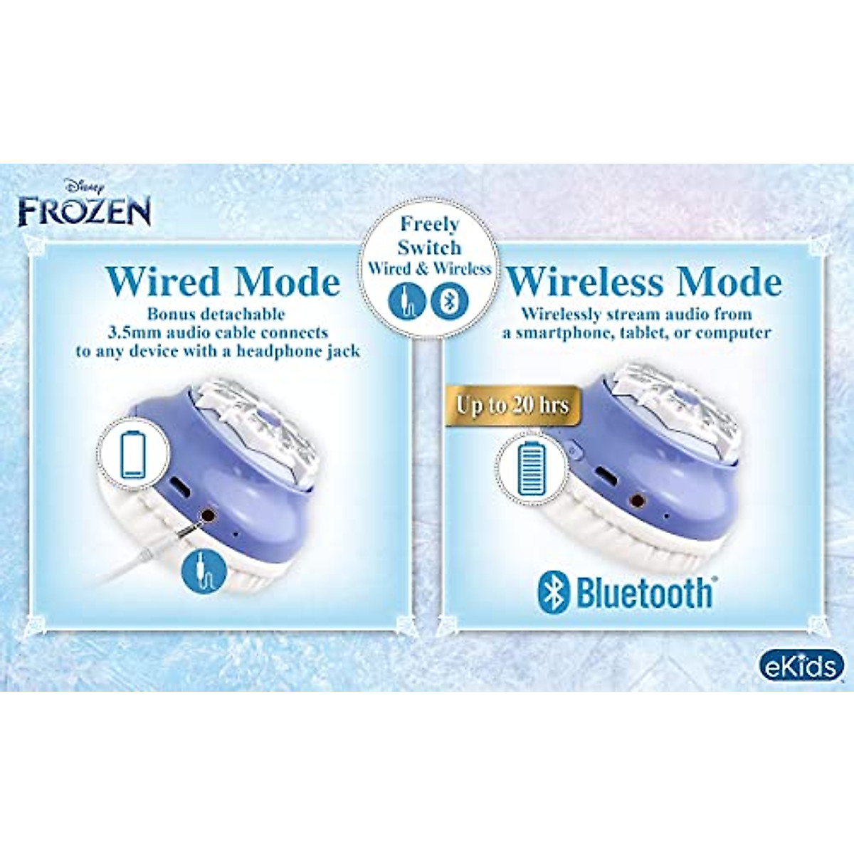 eKids Disney Frozen Bluetooth Headphones with EZ Link, Wireless Headphones with Microphone and Aux Cord, Kids Headphones for School, Home, or Travel
