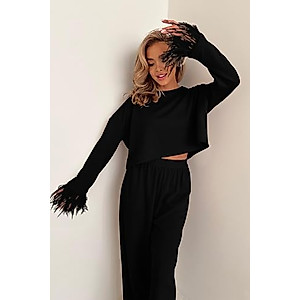 PRETTYGARDEN Women's 2024 Fall 2 Piece Tracksuit Outfits Casual Long Sleeve Pullover Tops And Palazzo Pants Sets (Black,Large)