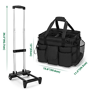 LoDrid Rolling Cleaning Bag with Detachable Trolley, Portable Cleaning Cart on Wheels for Cleaning Supplies, Professional Cleaning Caddy with Shoulder Strap for Housekeepers, Black (Patent Design)