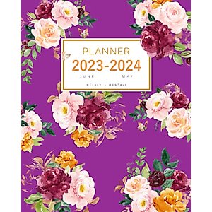 Planner 2023-2024: 8x10 Weekly and Monthly Organizer Large from June 2023 to May 2024 | Watercolor Flower Arrangement Design Purple