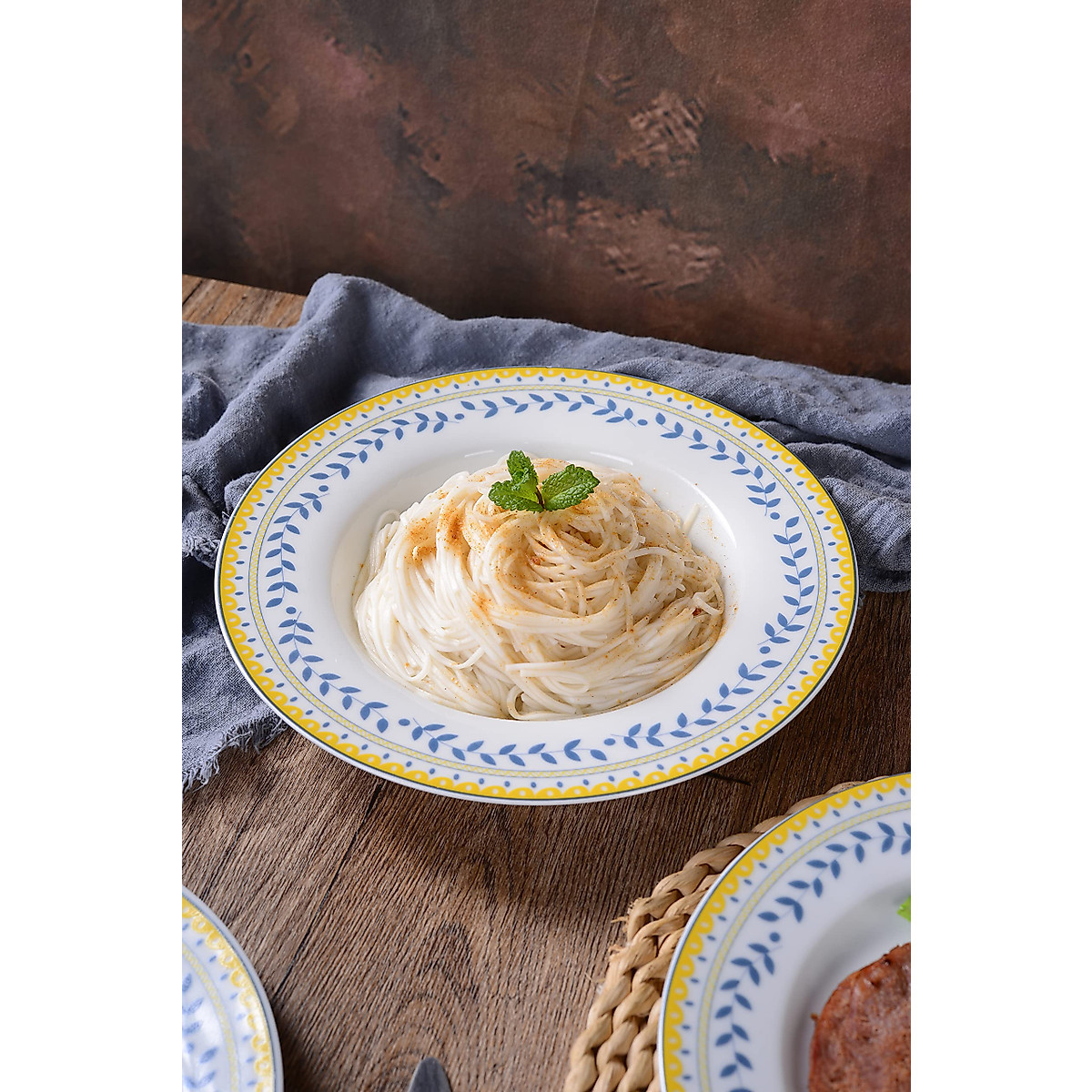 Braque Ceramic Pasta Plates 10oz, 8.5 in, Set of 6- Serving, Salad, Dinner Plate- Microwave, Oven & Dishwasher Safe, Scratch Resistant, No-Spilling Design Dinnerware- Kitchen Porcelain Dish-Olive Vine