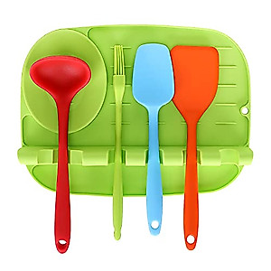 ANNCED Silicone Utensil Spoon Rest 2 in 1 Larger Size for Stove Top with Drip Pad Include 5 Slots 1 Spoon Holder,Hang Hole Design,Kitchen Utensil Holder for Countertop,Spoons, Ladles,Tongs Green