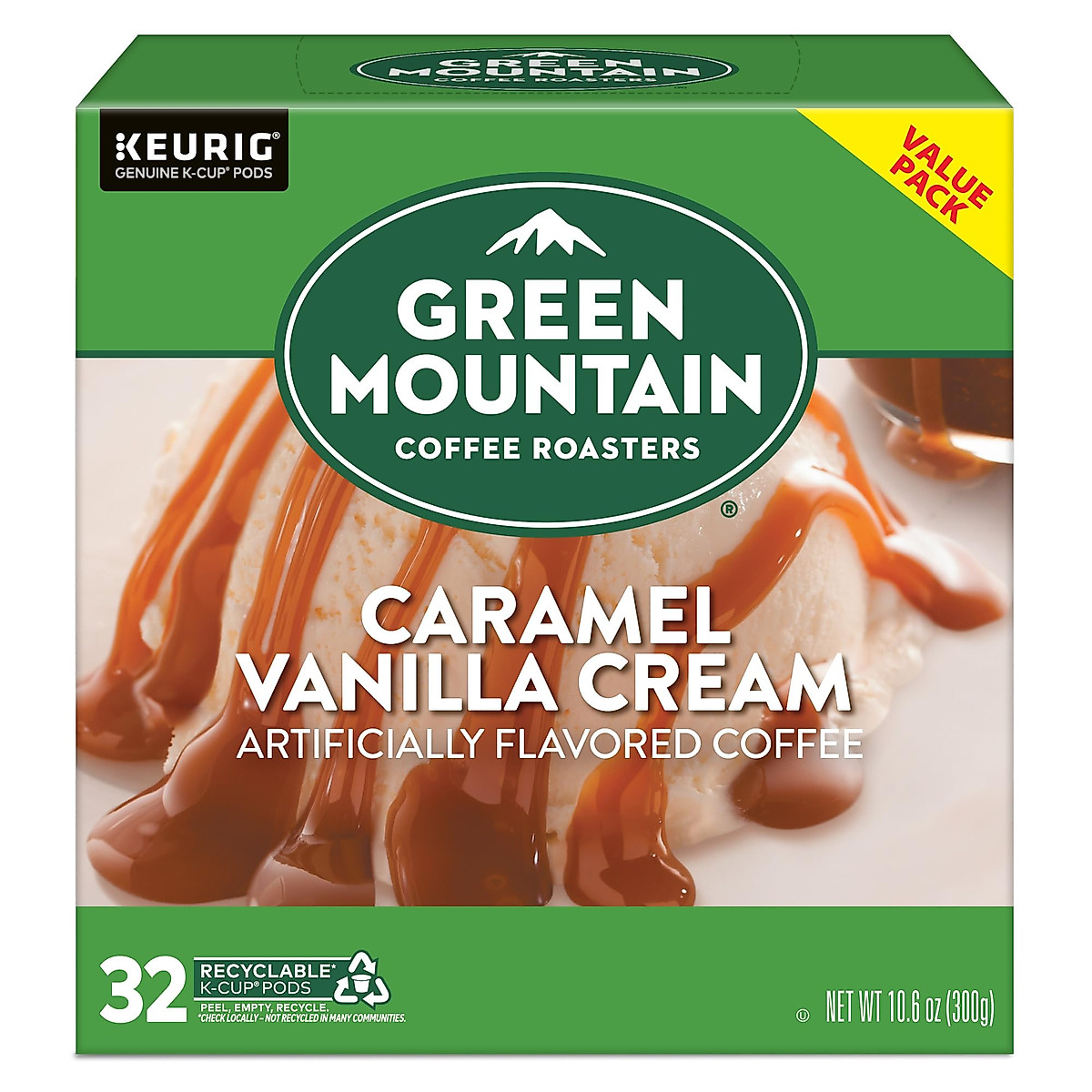 Green Mountain Coffee Roasters Caramel Vanilla Cream, Single-Serve Keurig K-Cup Pods, Flavored Light Roast Coffee Pods, 32 Count