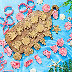 16 Pcs Summer Beach Cookie Cutters with Plunger Stamps Set Tropical Cookie Molds Beach Party Supplies Biscuit Fondant Cutters, Pineapple Flamingo Palm Tree Starfish Seashell Sunglasses Ice Cream