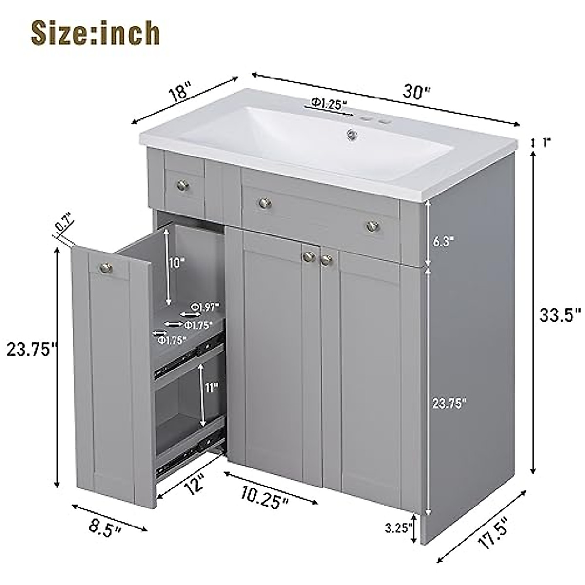 P PURLOVE 30" Bathroom Vanity with Single Sink and Soft Close Doors, Modern Bathroom Cabinet with Adjustable Storage Shelf and Drawers, Solid Wood Frame, Grey