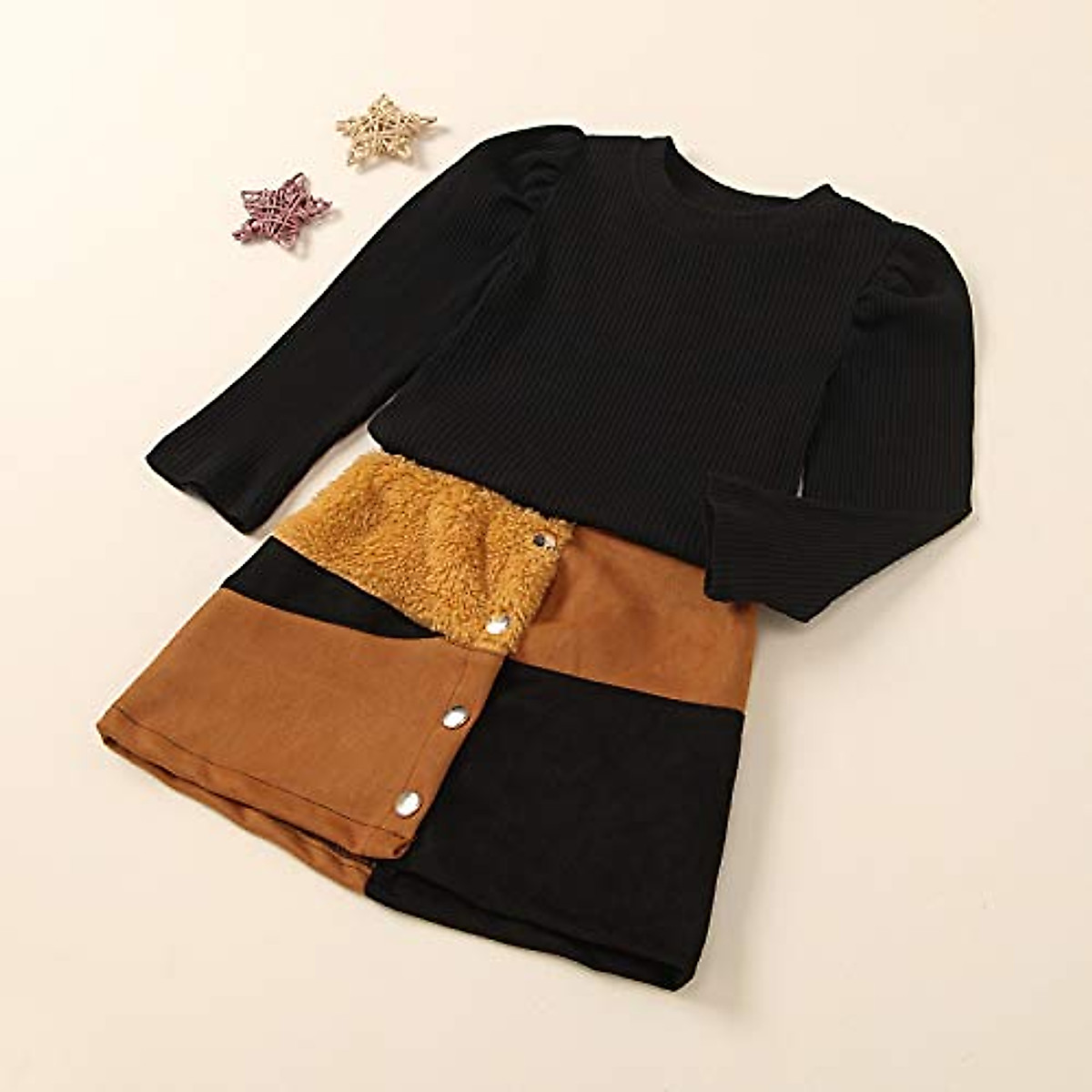 Toddler Baby Girls Leather Skirt Outfits Ribbed Sweater Shirt Tops + PU Leather Dress Fall Clothes Set (Black+Brown, 6-7 Years)