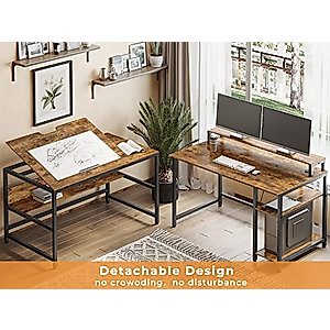 SEDETA L Shaped Desk, 68.9 inches Corner Computer Desk with Monitor Stand Riser, Drafting Drawing Table with Tiltable Desktop, Workstation Study Writing Table Art Desk for Home Office, Rustic Brown