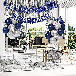 Blue Birthday Party Decorations,Happy Birthday Supplies, Happy Birthday Banner, Blue White Silver Confetti Latex Balloons with 2 Foil Fringe Curtains Birthday Decorations for Men Women Boys Girls