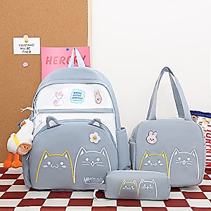 DAHUOJI 3PCS Kawaii Backpack Set 17in Cat Embroidery Backpacks Aesthetic School Bag Cute Bookbag with Lunch Bag,Pencil Box,Duck Pendant & Badge,Blue