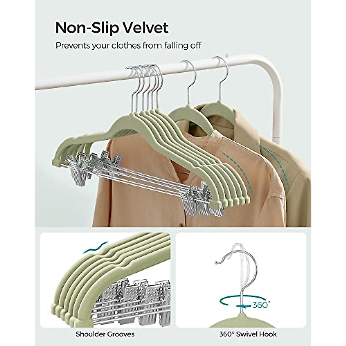 SONGMICS 30-Pack Pants Hangers and 50-Pack Clothes Hanger Bundle, Velvet Hangers with Adjustable Clips, Non-Slip, and Space-Saving, Pale Green UCRF012GR30 and UCRF021GR50