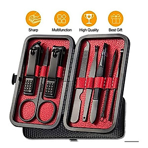 Manicure Set Pedicure Kit Nail Clippers Set 8 in1 High Precision Stainless Steel Cutter File Sharp Scissors for Men & Women Fingernails & Toenails Vibrissac Scissors with Stylish Case (black&red_8in1)