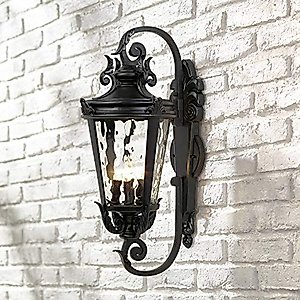 John Timberland Marseille Rustic Vintage Outdoor Wall Light Fixture Textured Black Scroll 27 1/2" Hammered Glass for Exterior House Porch Patio Outside Deck Garage Yard Front Door Garden Home