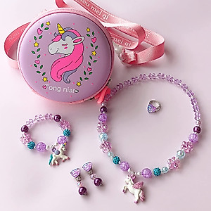 ELEMIRSA 6pcs Unicorn Purse handbag for Little Girls Dress Up Jewelry Pretend Play Kids Accessories Unicorn Necklace Jewel Party Favor, Purple