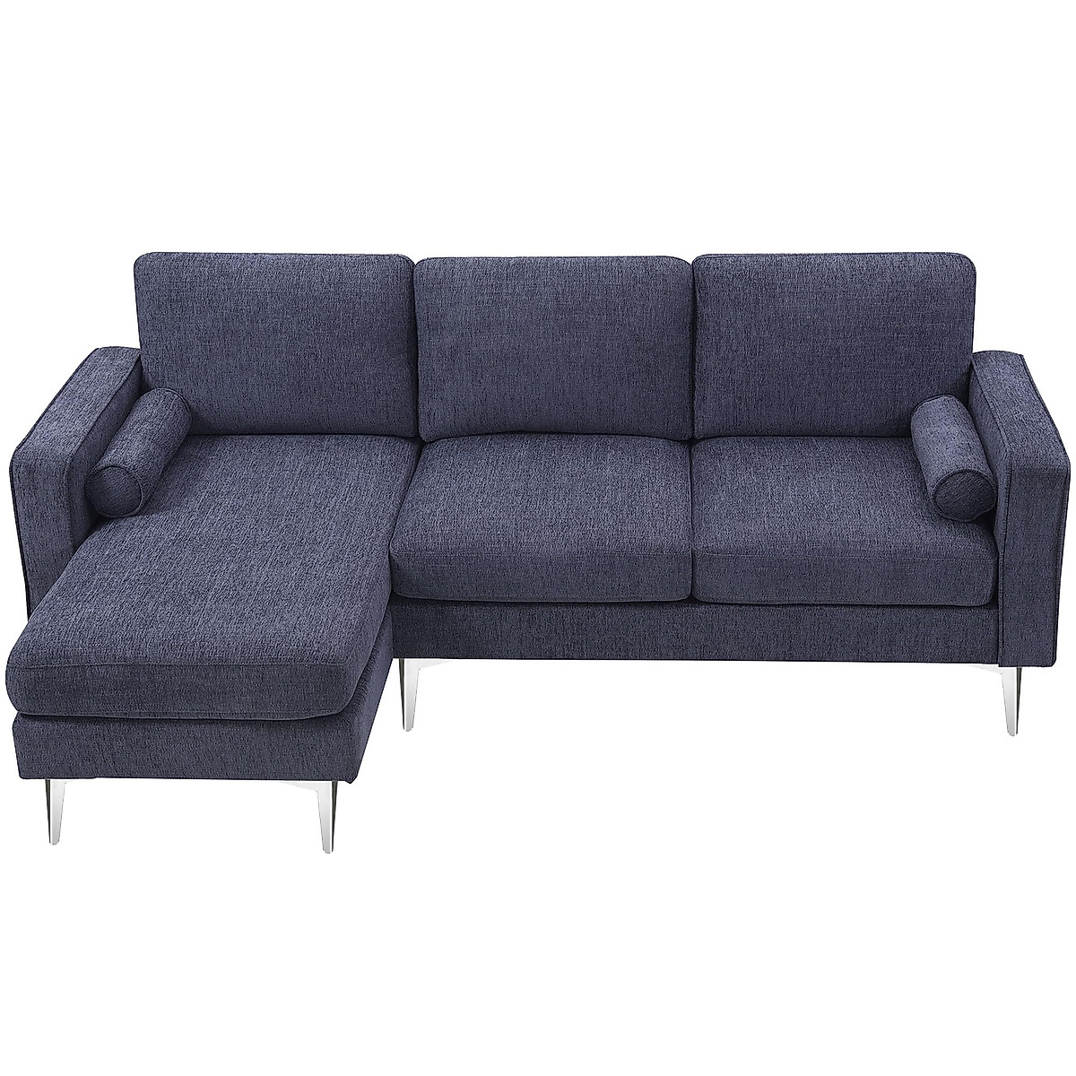 LCH L-Shaped Sectional Sofa with Reversible Chaise Lounge, 3-Seat Convertible Couch w/ 2 Pillows and Metal Legs, 86 inch, Perfect for Living Room, Apartment, Small Space, Blue