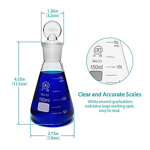 HUAOU 3pcs Glass Erlenmeyer Flask Set, 50ml 150ml 250ml Laboratory Flask with Stopper, Lab Chemistry 3.3 Borosilicate, Narrow Mouth, Printed Graduation, Conical Flask with Cleaning Brush